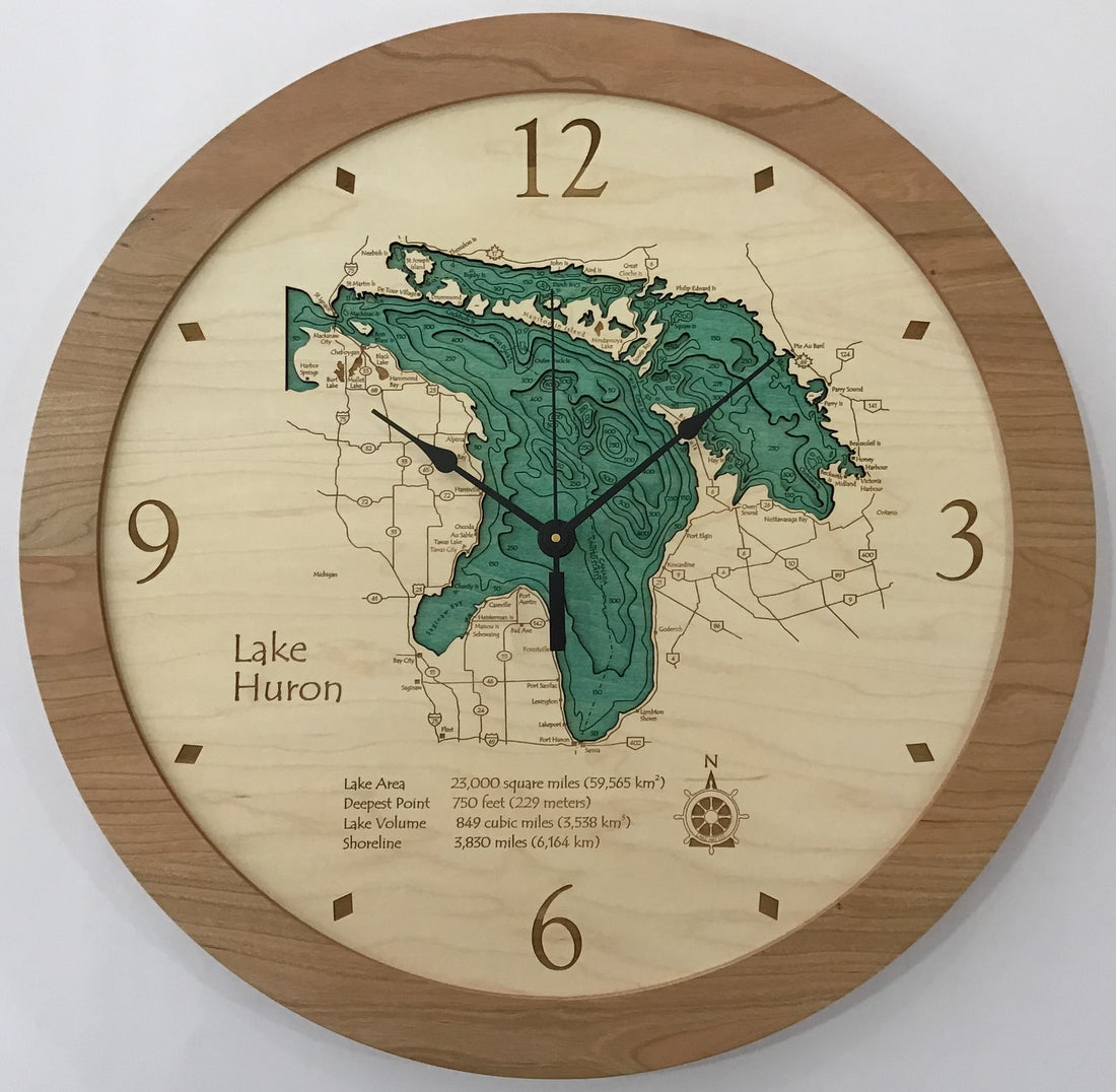 Lake Huron - Custom Wooden Lake Clock - Great Lakes - Time Square Clock ...